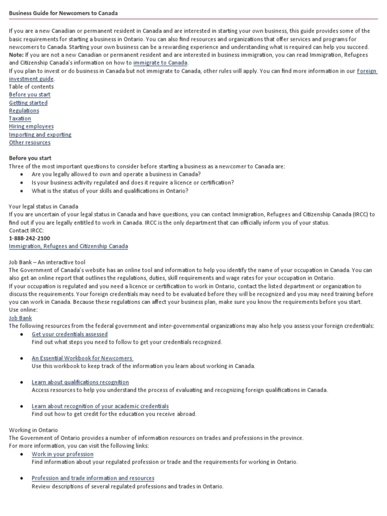 Business Guide For Newcomers To Canada | PDF | Employment ...