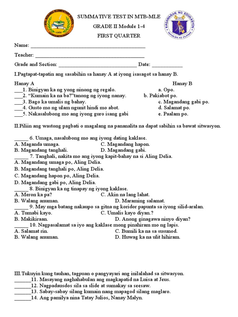 Summative Test in MTB | PDF