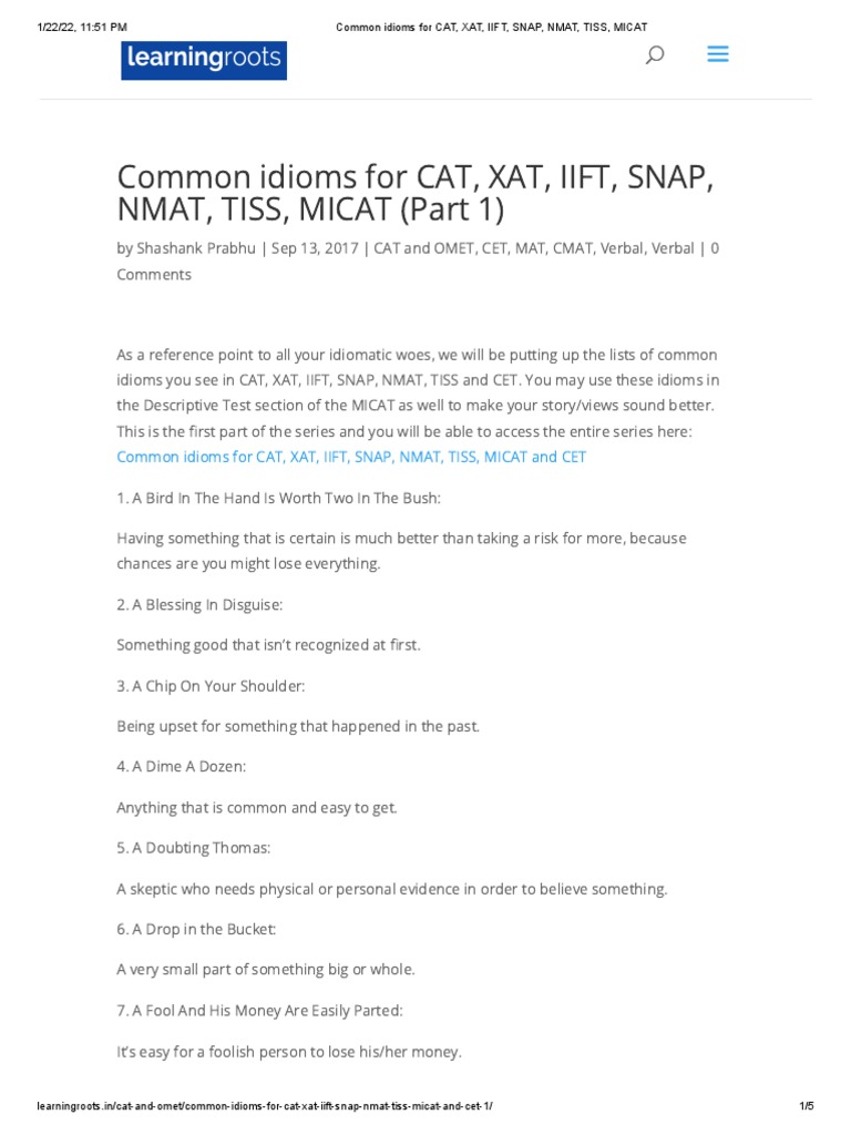 Common Idioms For CAT, XAT, IIFT, SNAP, NMAT, TISS, MICAT | PDF | Idiom