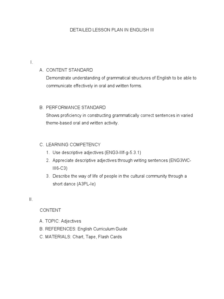 Detailed Lesson in Descriptive Adjectives | PDF | Adjective | Lesson Plan