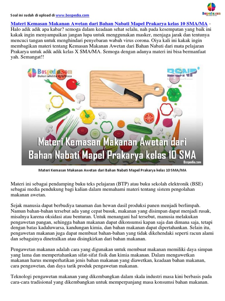 Kemasan Makanan Awetan Nabati Kelas 10 | PDF