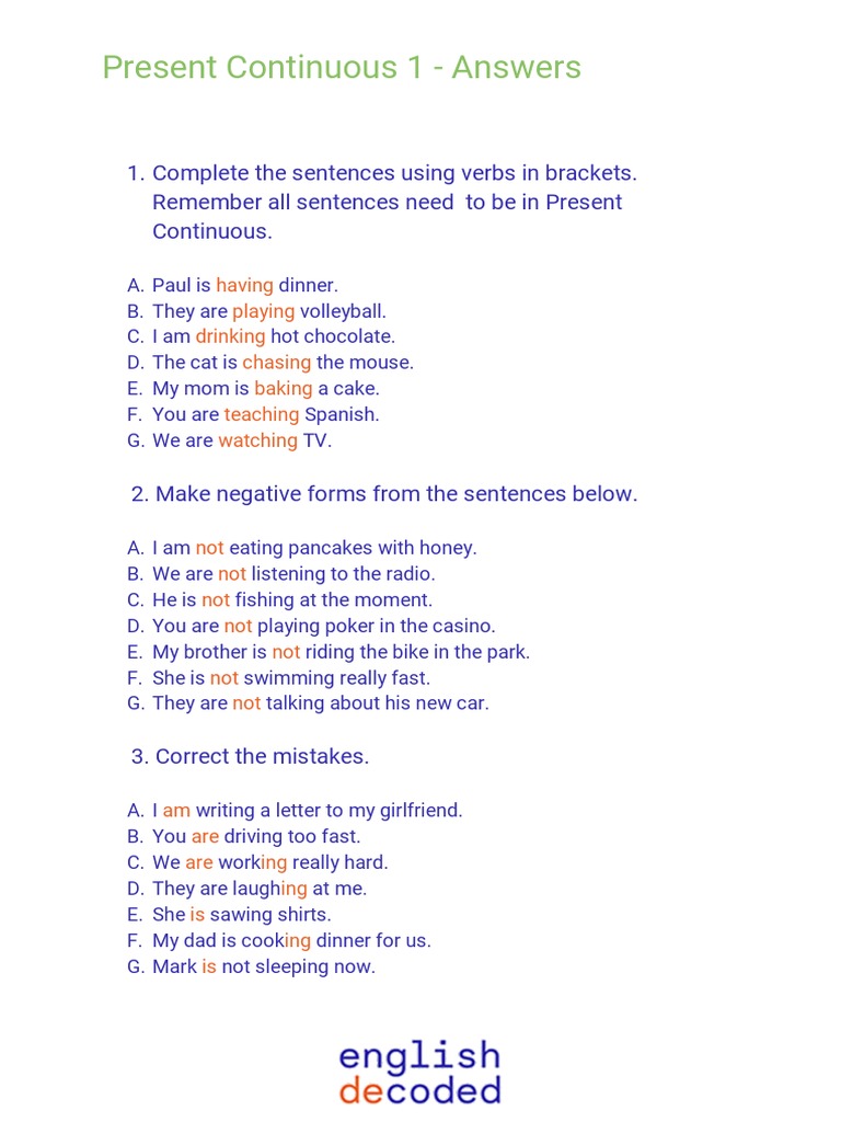 Present Continuous 1 - Answers | PDF