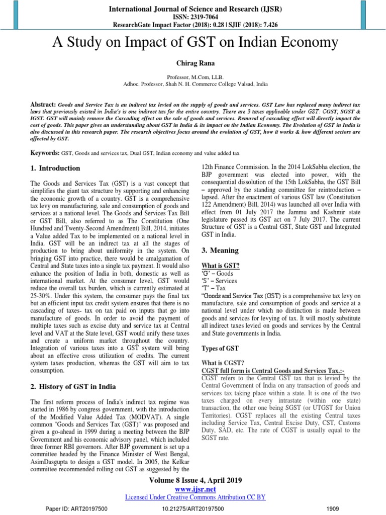 A Study On Impact of GST On Indian Economy: Chirag Rana | PDF | Value ...