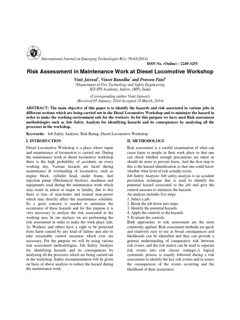 Risk Assessment in Maintenance Work at Diesel Locomotive Workshop | PDF ...