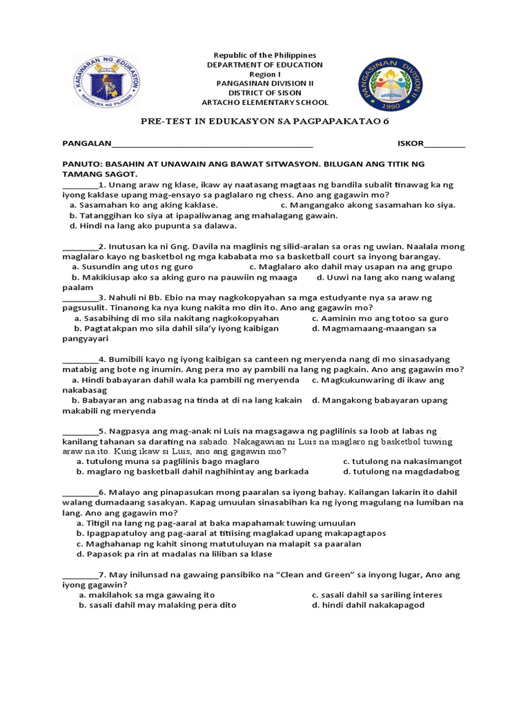 Diagnostic Test in Esp With Key Ans & Tos | PDF