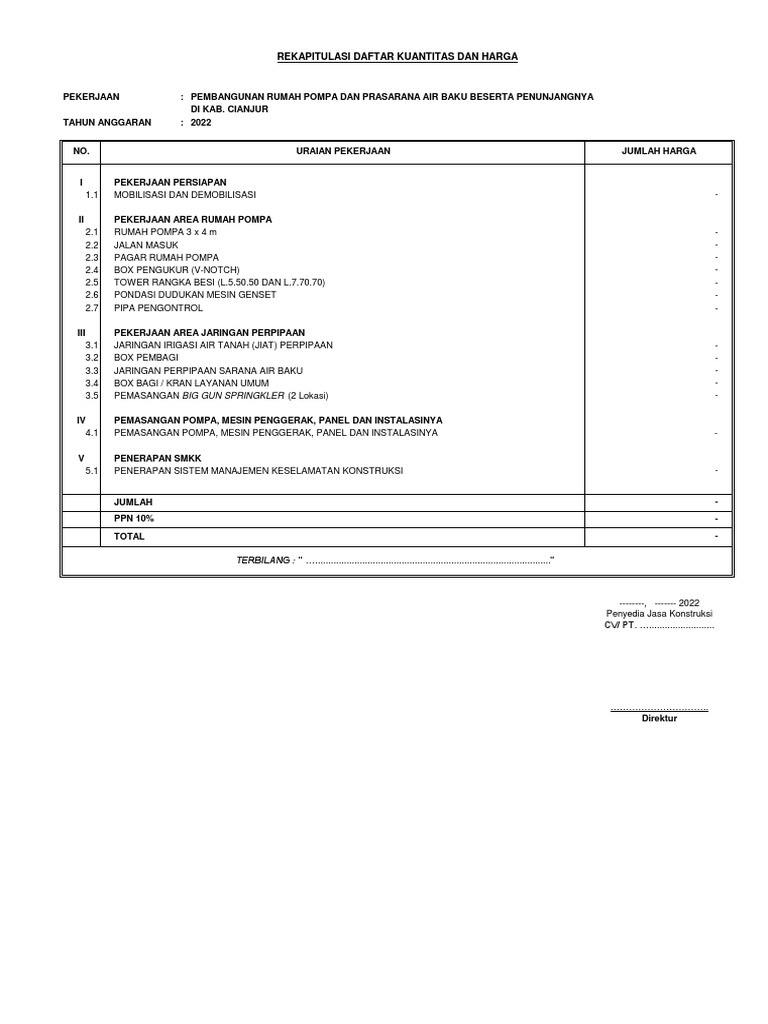 BOQ Pembangunan Rumah Pompa Pompa Cianjur2022 | PDF