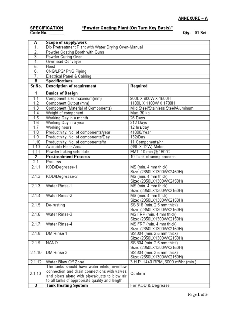 Powder Coating Plant Specs | PDF | Materials | Manufactured Goods