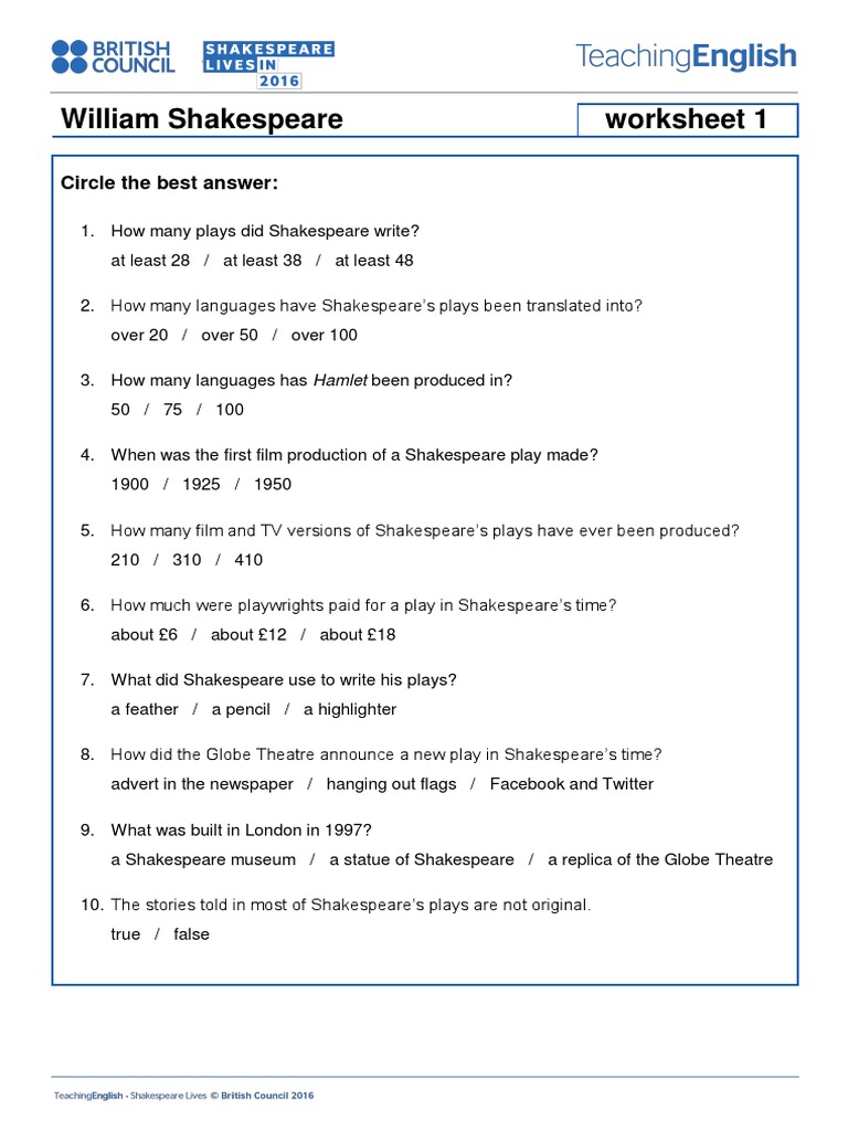 William Shakespeare Worksheet 1: Circle The Best Answer | PDF