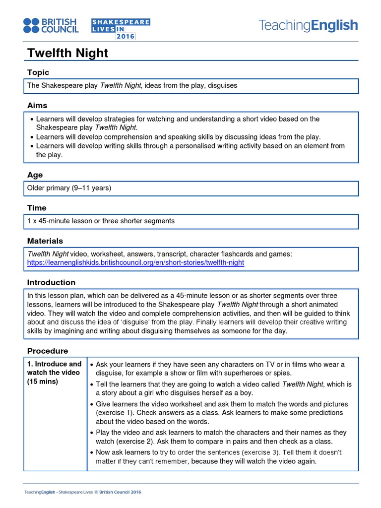 Teaching Kids Shakespeare Twelfth Night Lesson Plan | PDF | Lesson Plan ...