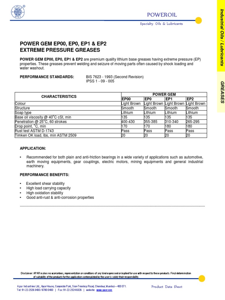 Poweroil: Power Gem Ep00, Ep0, Ep1 & Ep2 Extreme Pressure Greases | PDF ...