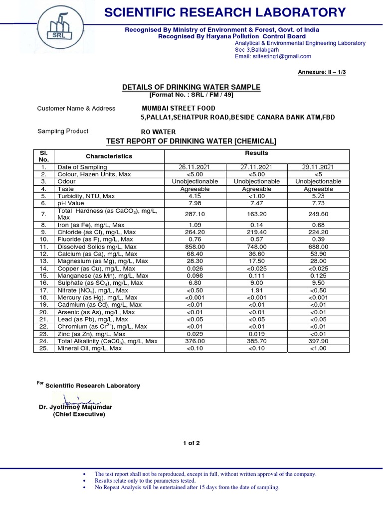 Details of Drinking Water Sample | PDF | Magnesium | Materials