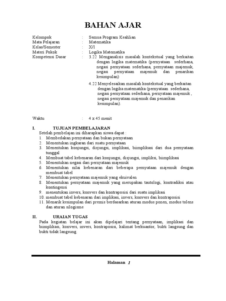 Bahan Ajar Logika Matematika | PDF | Metode & Bahan Ajar