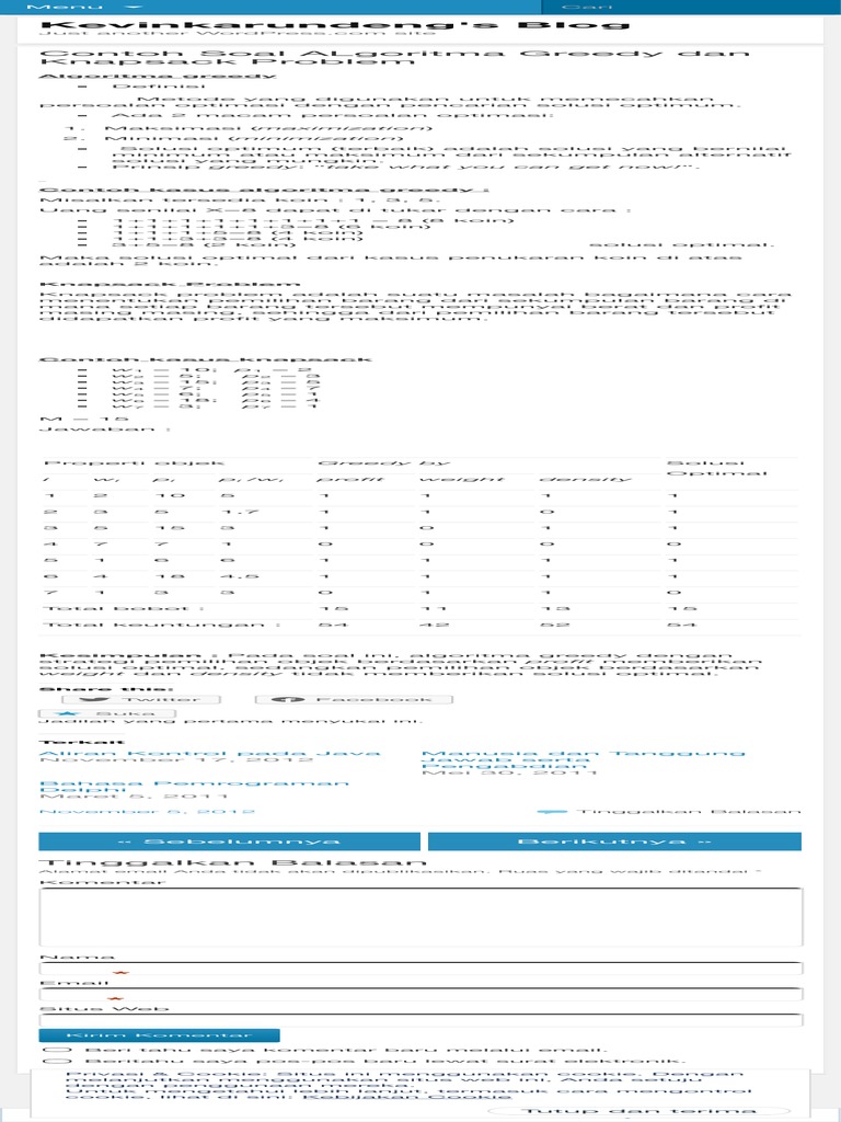 Contoh Soal ALgoritma Greedy Dan Knapsack Problem Kevinkarundeng's Blog ...