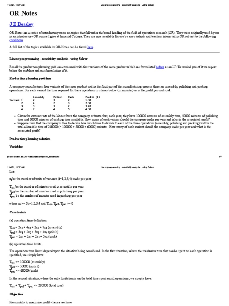 Linear Programming Sensitivity Analysis Using Solver Pdf Linear Programming Loss Function