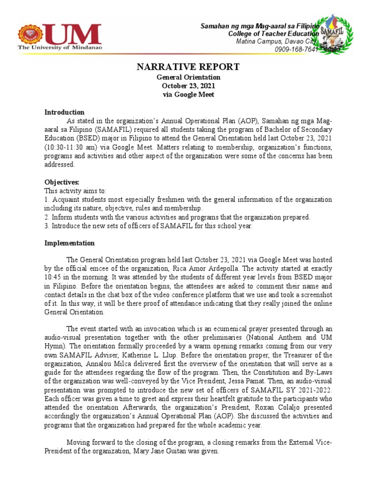 Narrative Report General Orientation | Download Free PDF | Communication