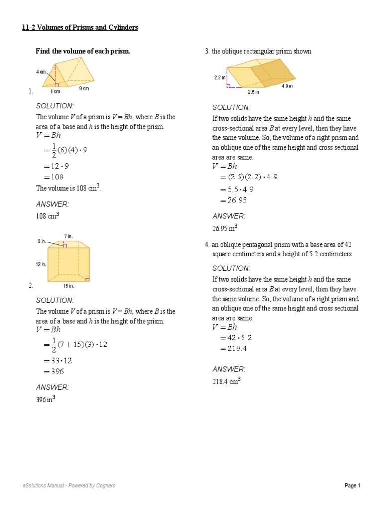 11 2 Volumes of Prisms and Cylinders | PDF | Volume | Area