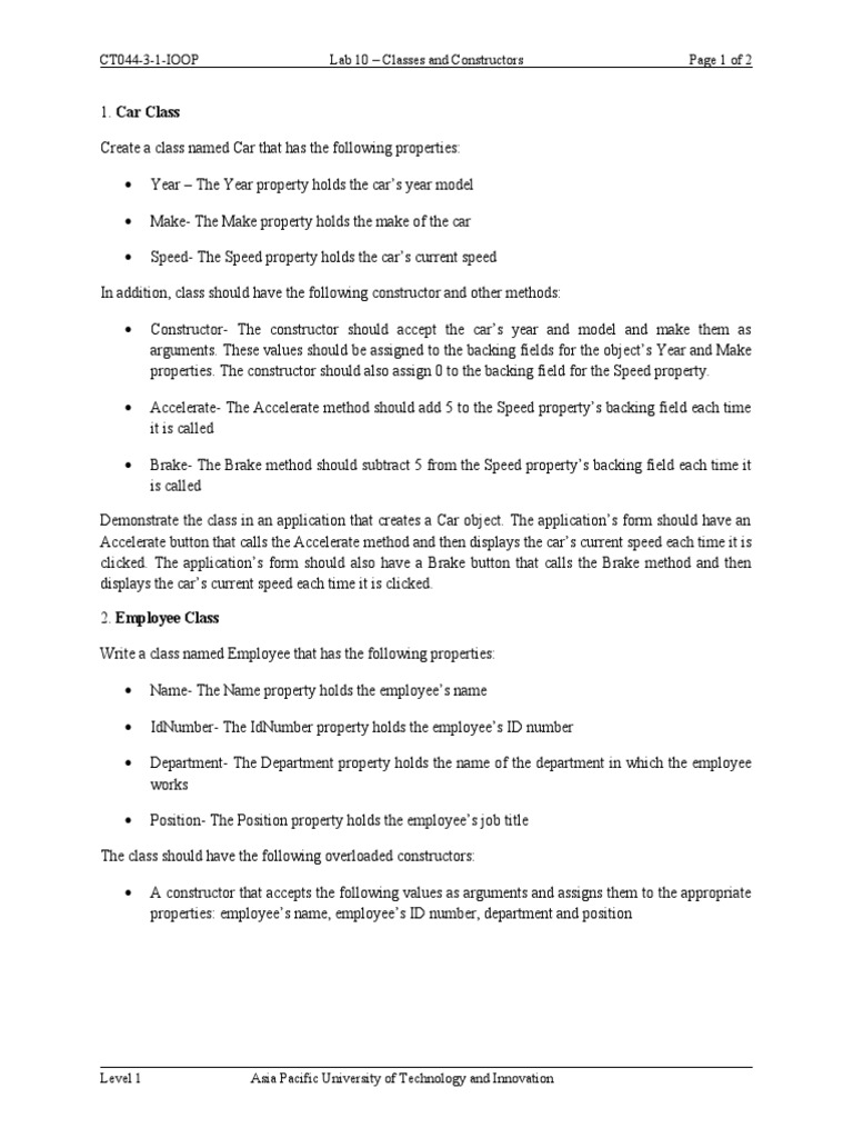 Lab 10 Classes and Constructors | PDF | Programming | Constructor (Object Oriented Programming)