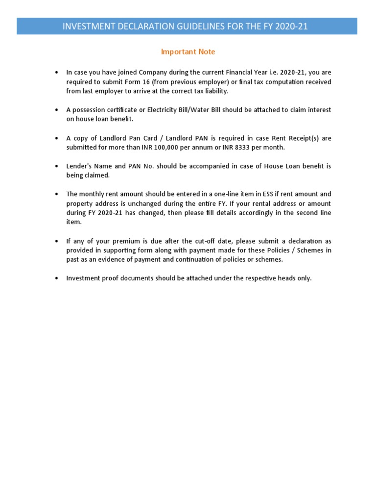 Investment Declaration Guidelines For The Fy 2020-21: Important Note | PDF | Insurance | Tax ...