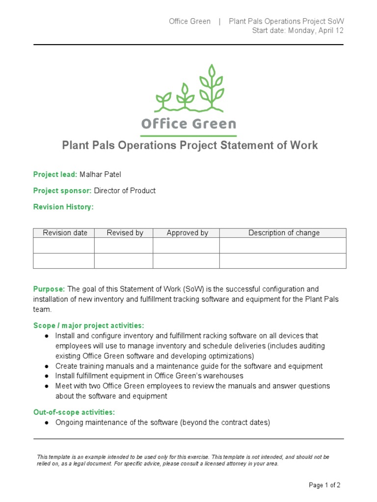 Plant Pals Operations Project Statement of Work: Project Lead: Project ...