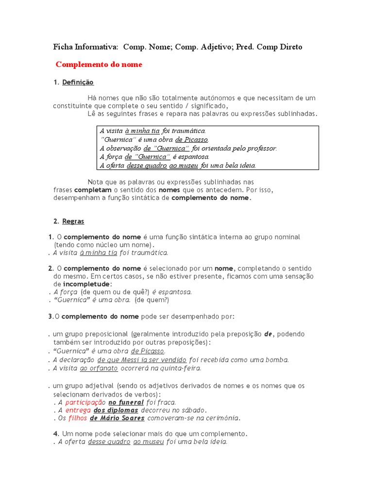 Ficha Informativa Complemento Do Nome | PDF | Assunto (gramática) | Sintaxe
