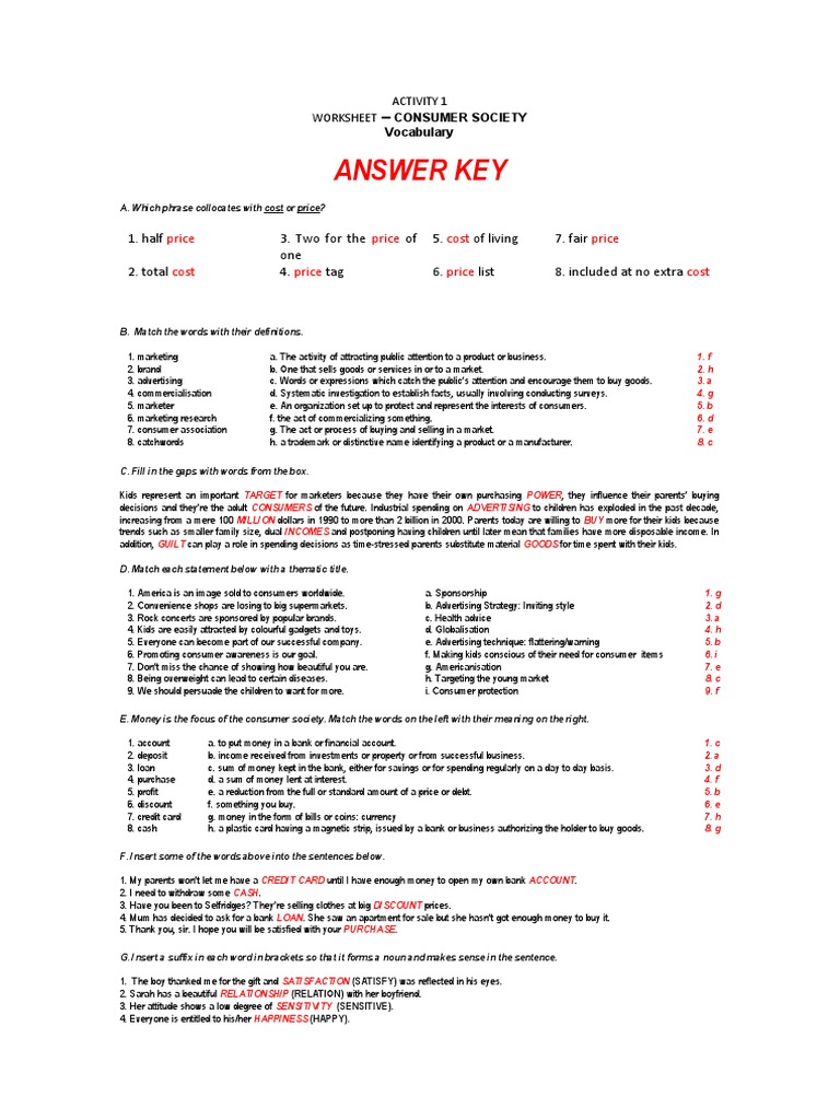 ACTIVITY 1 - ANSWER KEY - Vocabularyconsumersociety - 11.º | PDF ...
