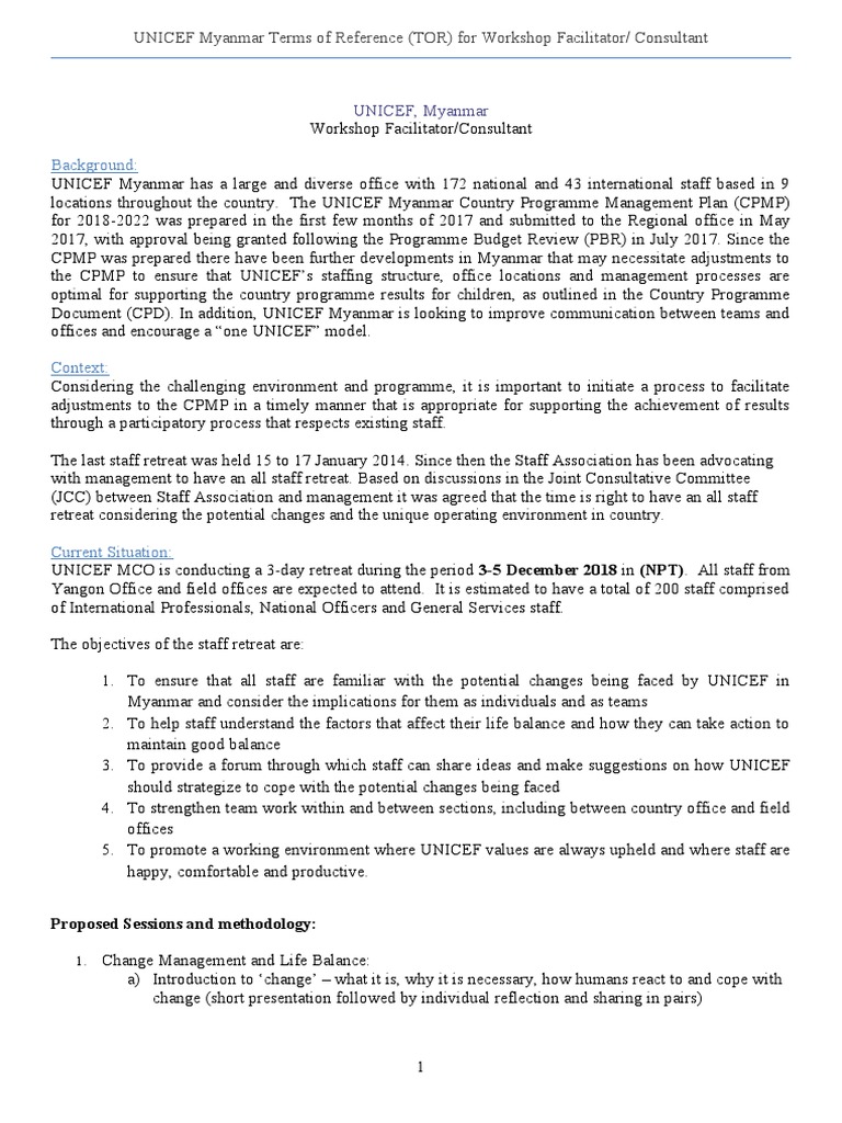 ToR - Workshop Facilitator Staff Retreat | Download Free PDF | Consultant | Business