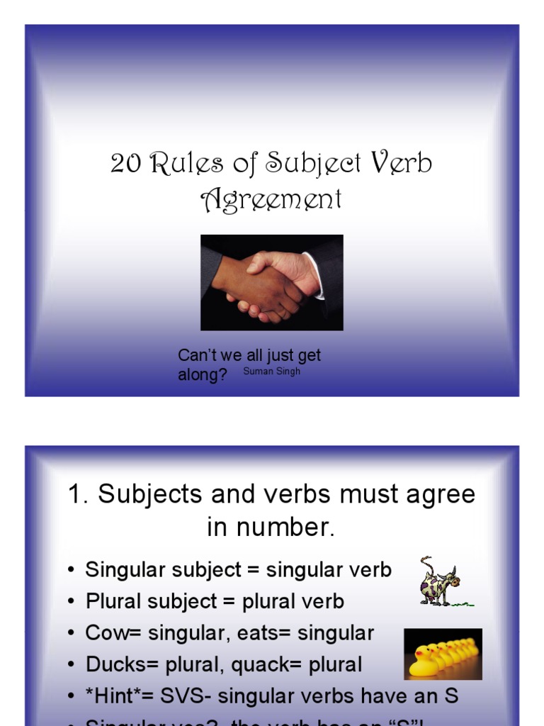 20 Rules of Subject Verb Agreement Agreement: Can't We All Just Get Along? | PDF | Verb ...