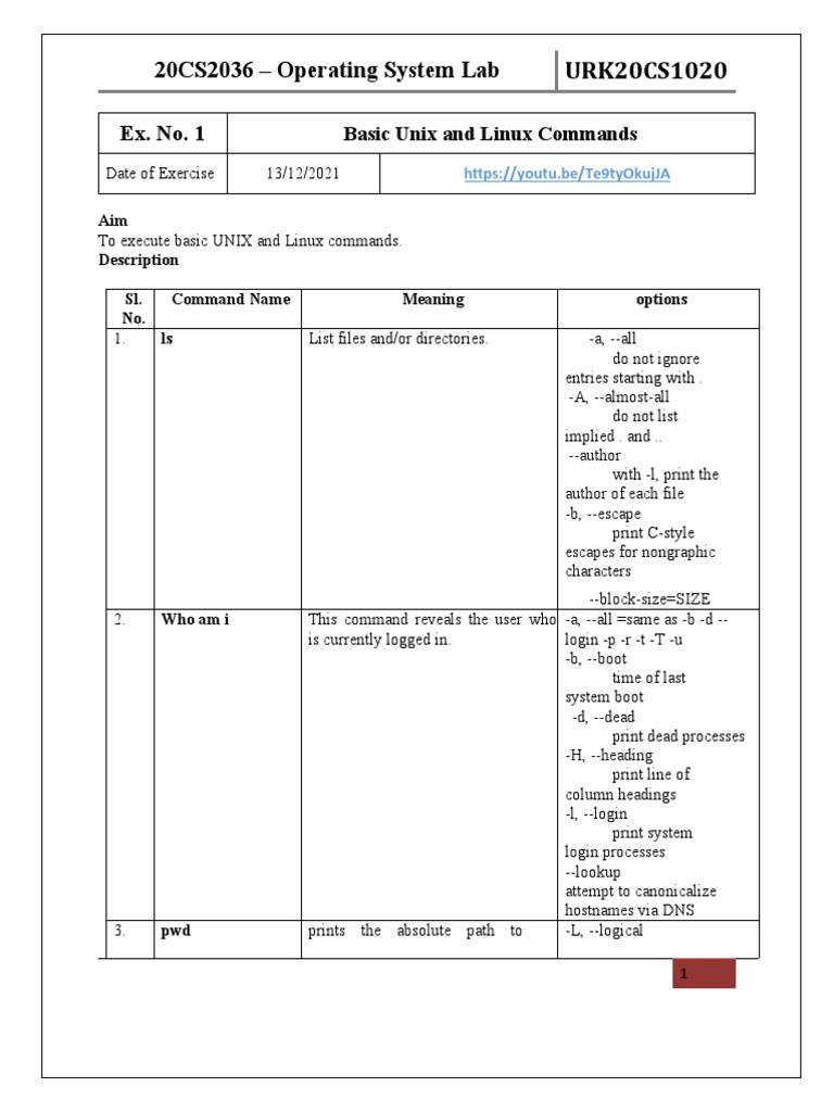 20CS2036 - Operating System Lab: Ex. No. 1 | PDF | Computer File | Filename