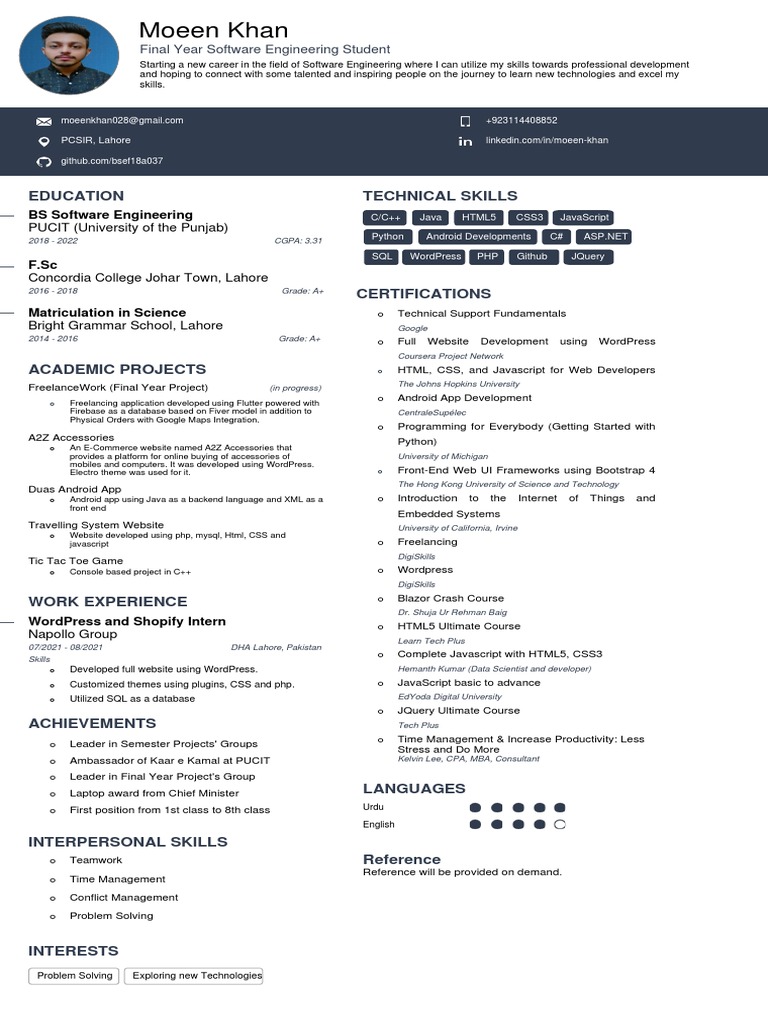 CV of Moeen Khan (Software Engineer) | PDF | Word Press | Mobile App