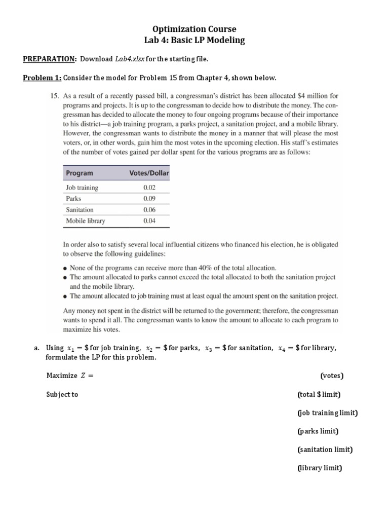 Lab 4 - Basic LP Modeling | PDF | Mathematical Optimization | Microsoft Excel