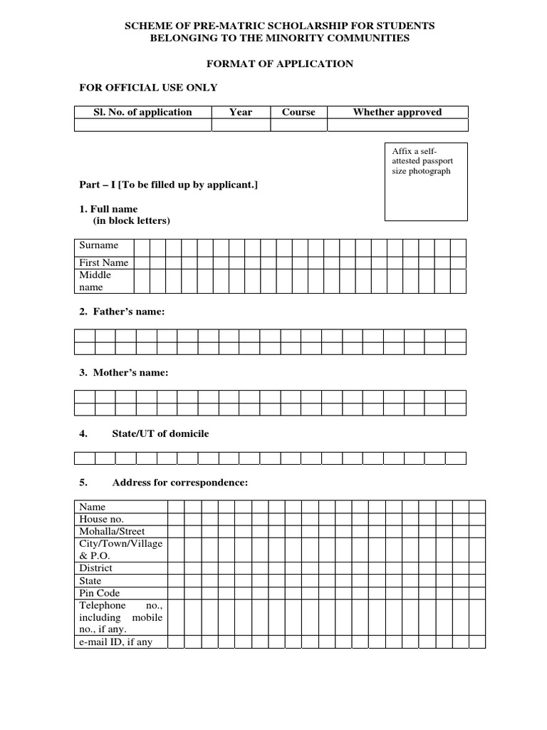 Application Form For Pre Matric Scholarship To Minority Students | PDF ...
