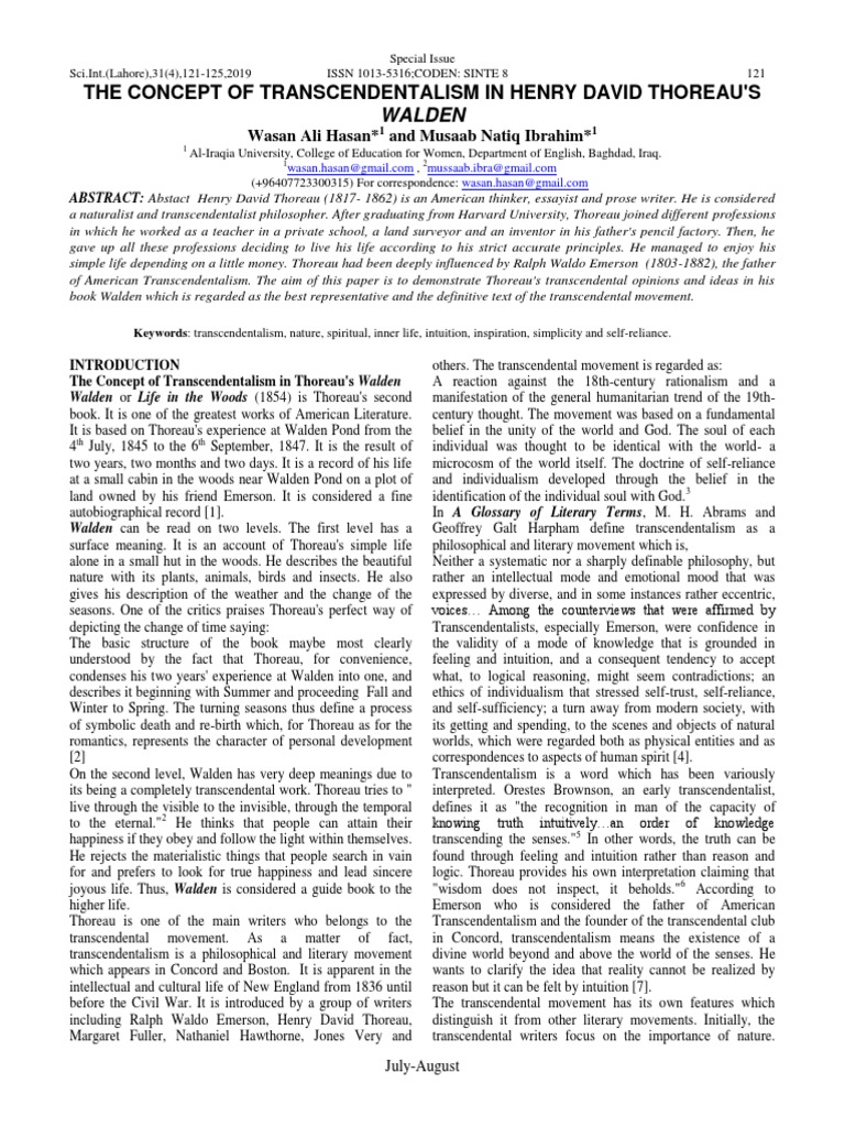 The Concept of Transcendentalism in Henry David Thoreau'S: Walden | PDF ...