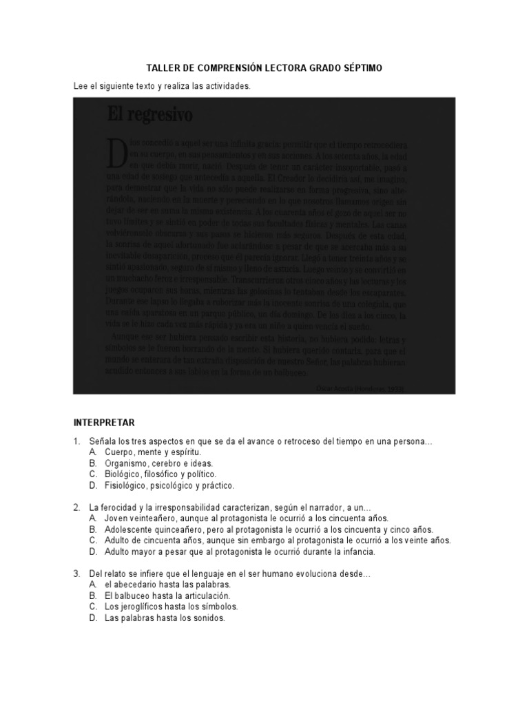 Taller de Comprensión Lectora Grado Séptimo | PDF