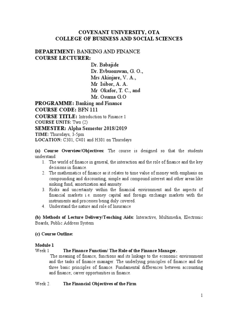 Introduction to Finance 1: Syllabus for Banking and Finance Course at ...