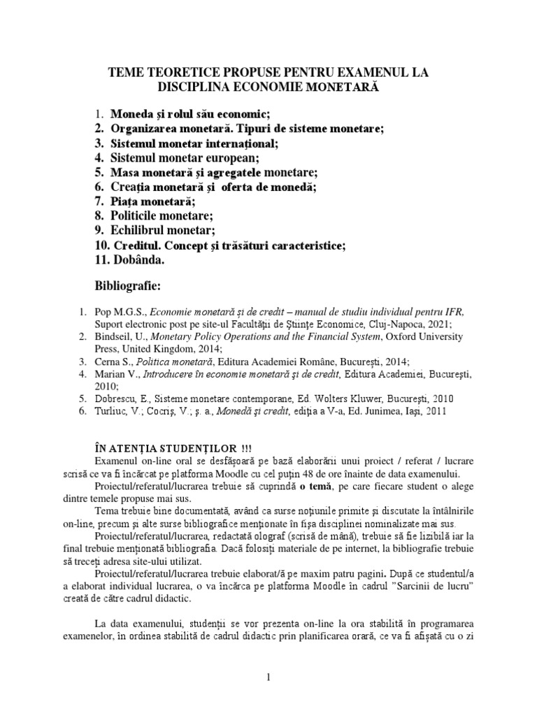 Teme Economie Monetară 2022-1 | PDF