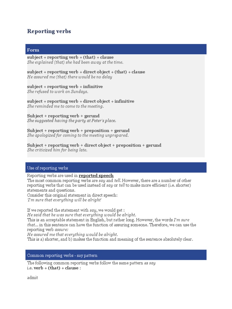Reporting Verbs and Verb Patterns | PDF | Verb | Object (Grammar)