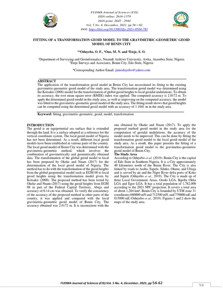Fitting of A Transformation Geoid Model To The Gravimetric-Geometric ...