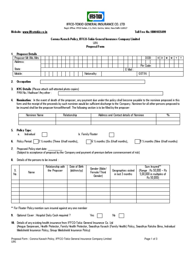 Proposal Form - Indemnity Kavach | PDF | Insurance | Payments
