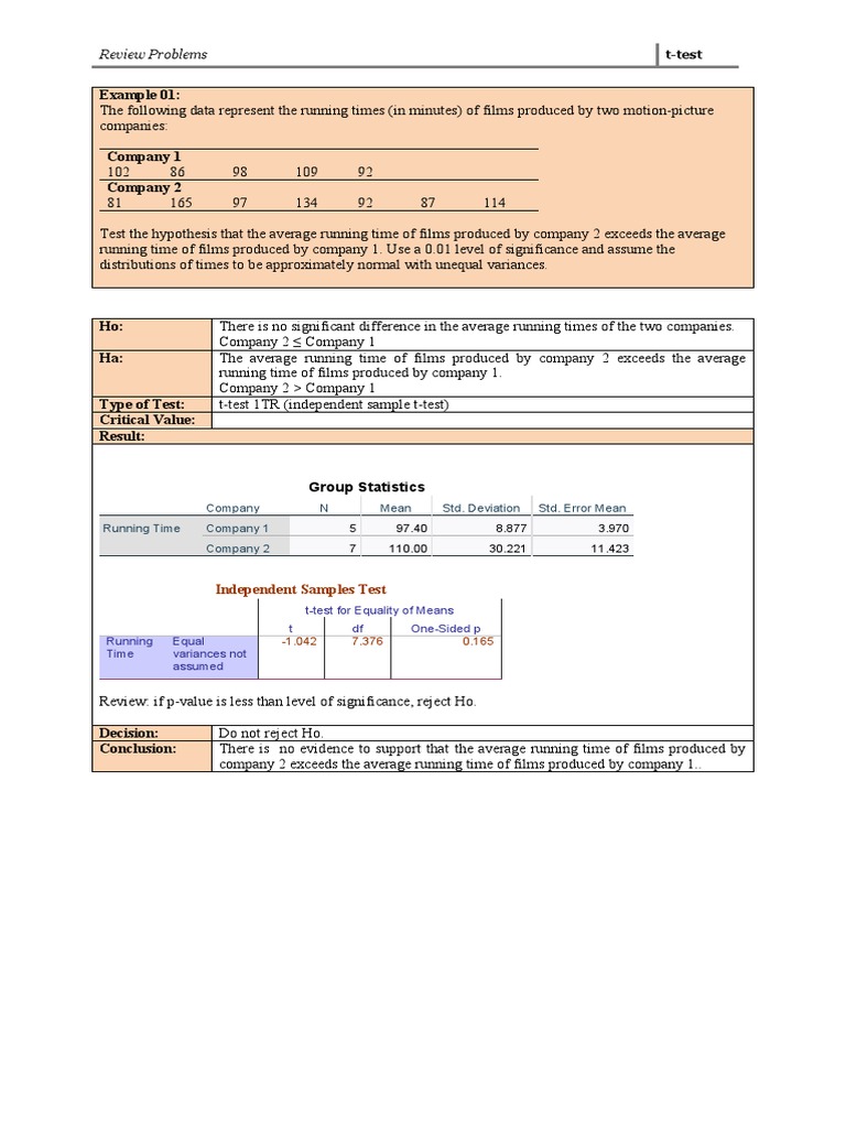 t-Test Examples for Hypothesis Testing | PDF | Student's T Test ...