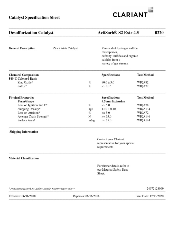 Catalyst Specification Sheet: General Description | PDF | Sulfide ...