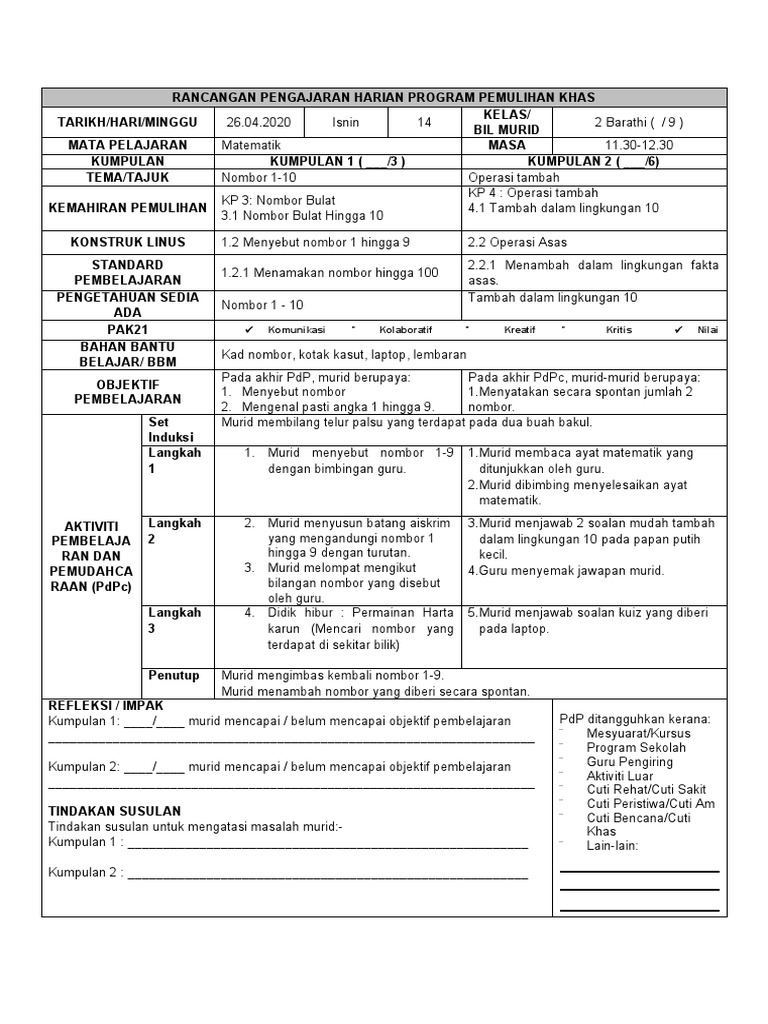 RPH Pemulihan Matematik | PDF