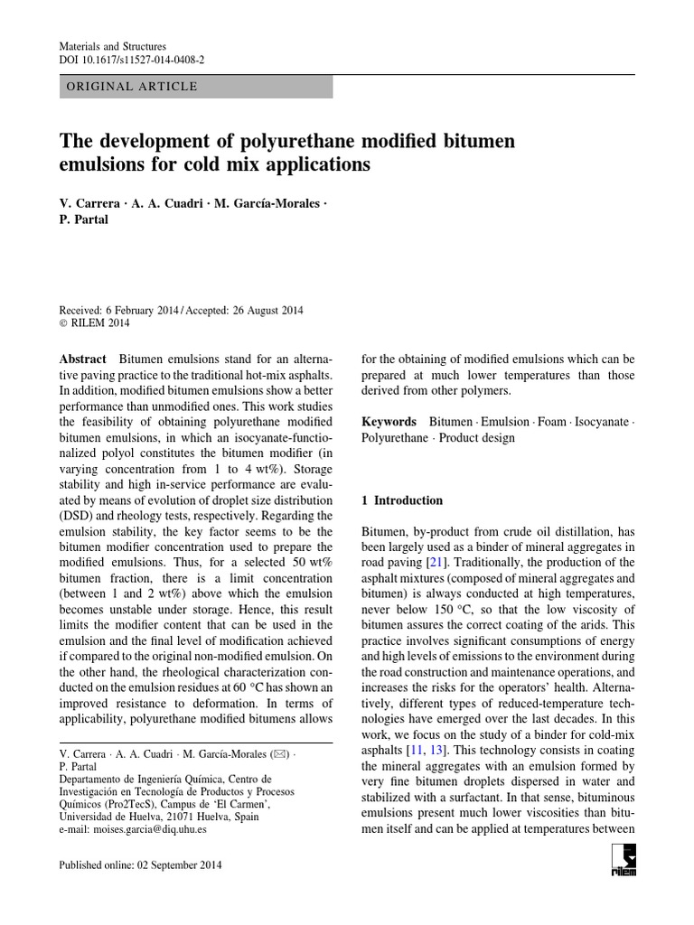 The Development of Polyurethane Modified Bitumen Emulsions For Cold Mix ...