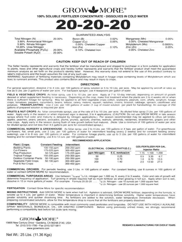 Grow More 20-20-20 Label | PDF