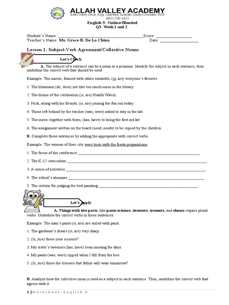English 5 Grammar Exercises | PDF | Subject (Grammar) | Verb
