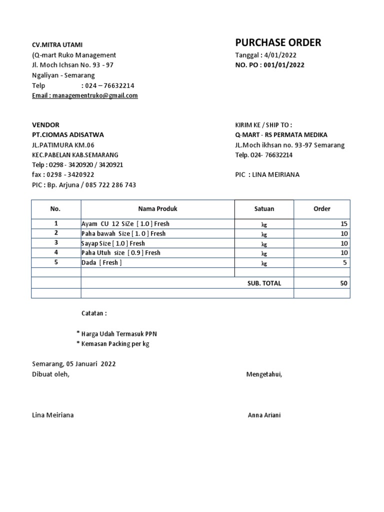 Purchase Order: NO. PO: 001/01/2022 | PDF