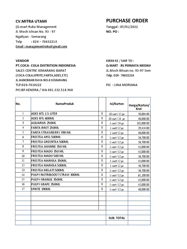 Contoh Purchase Order Q-Mart | PDF | Memasak, Makanan, & Anggur | Griya ...