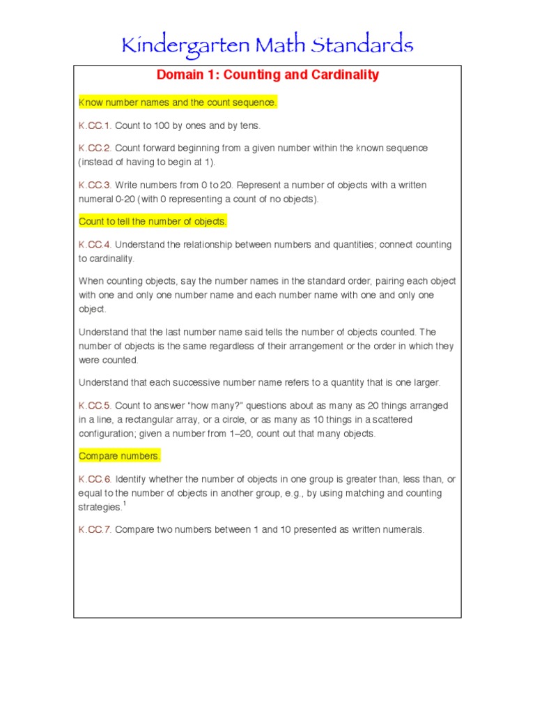 Kindergarten Math Standards: Domain 1: Counting and Cardinality | PDF ...