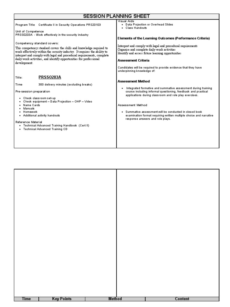 Cert II in Security Operations Instructor Lesson Plan Template ...