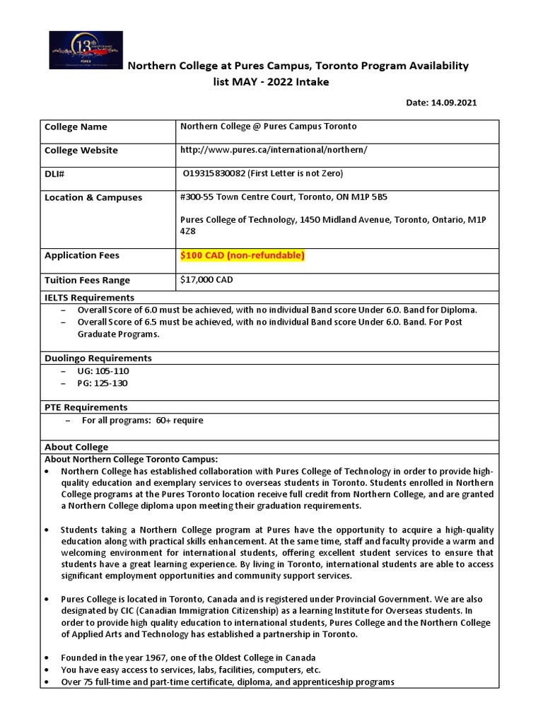 Northern College at Pures Campus, Toronto Program Availability List MAY ...