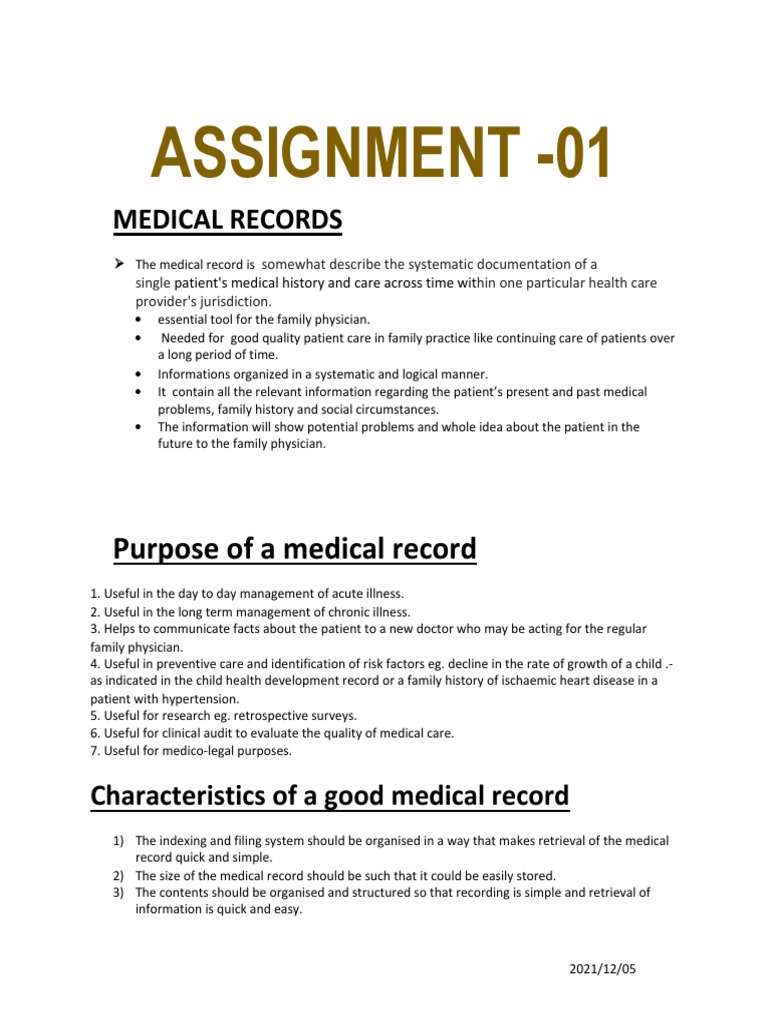 Assignment - 01: Medical Records | PDF | Medical Record | Electronic ...